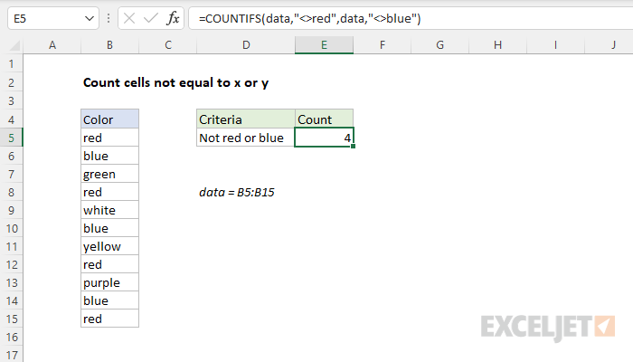 Count Cells Not Equal To X Or Y Excel Formula Exceljet